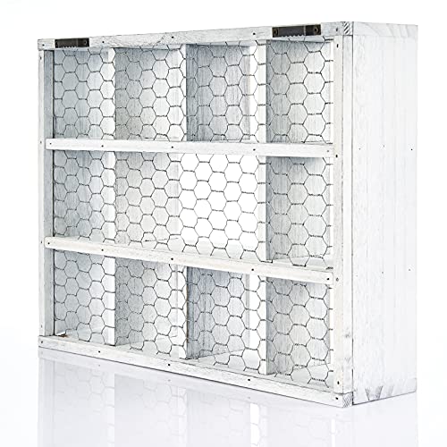 Crystal Holder Display Shelf - Rustic Wall Mounted Shelf for Farmhouse Décor with Chicken Wire for Spices, Rocks, Countertop Organizer, Shadow Box (Rustic White)