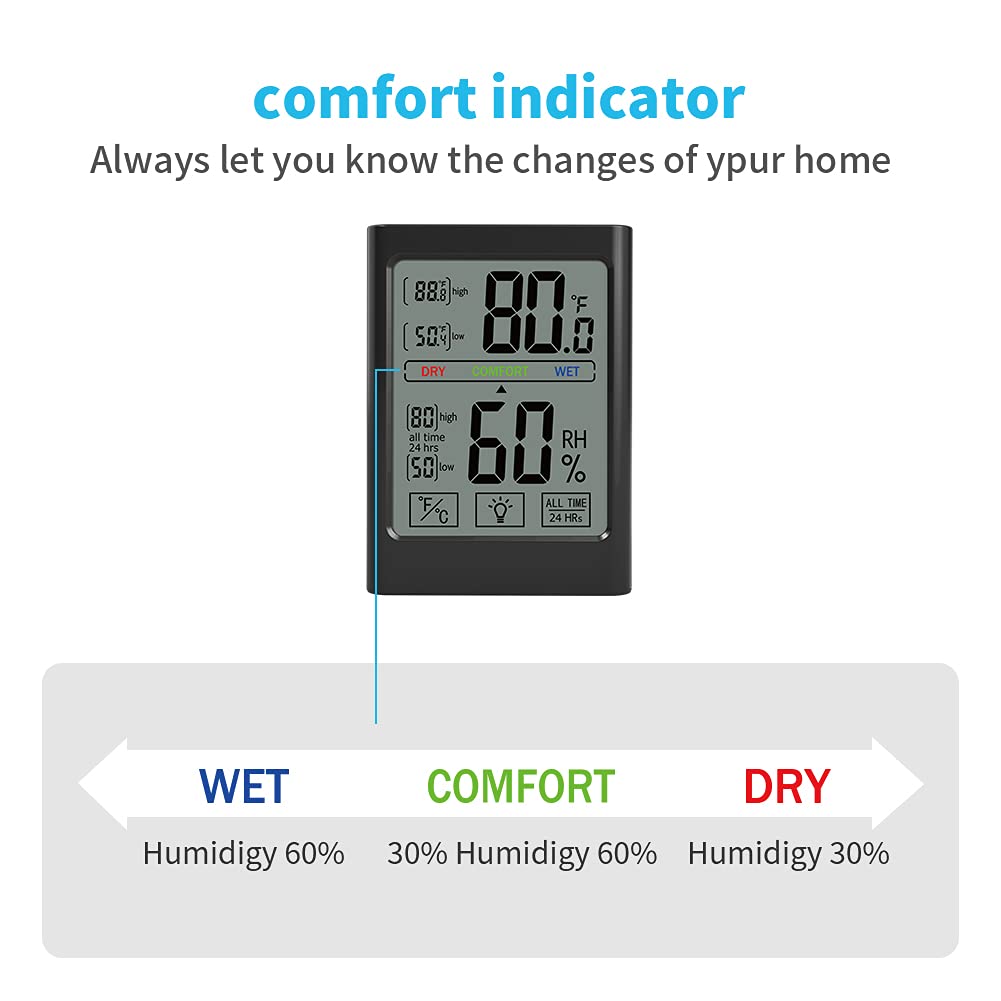 Digital Hygrometer Indoor Thermometer Humidity Meter Room Thermometer with Temperature and Humidity Monitor (Black)