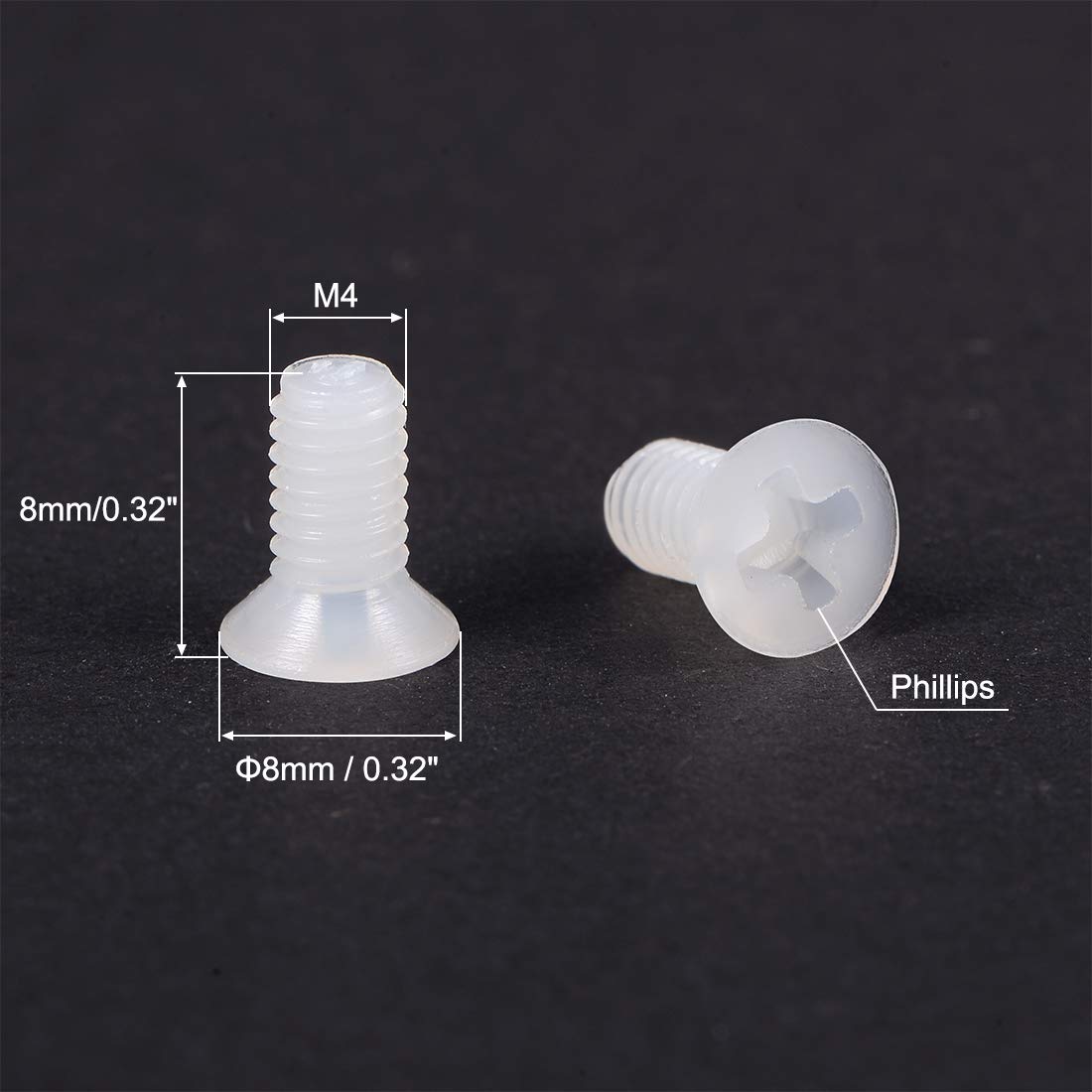 uxcell M4x8mm Threaded Nylon Screws, Phillips Cross Flat Head Machine Screws Bolts, 100Pcs