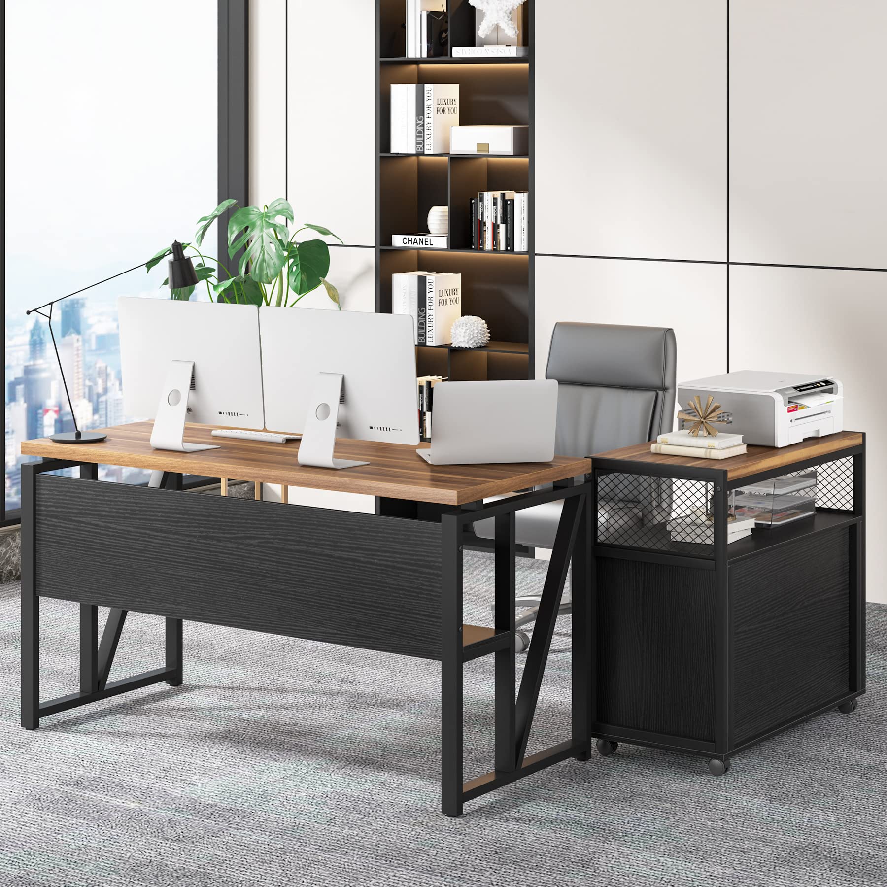 Tribesigns Desk with Drawer, 55" Long Computer Desk with Storage Rack and Mobile Document Cabinet, Home Office Furniture Set Executive Desk (Brown, 55" (Brown, 55)