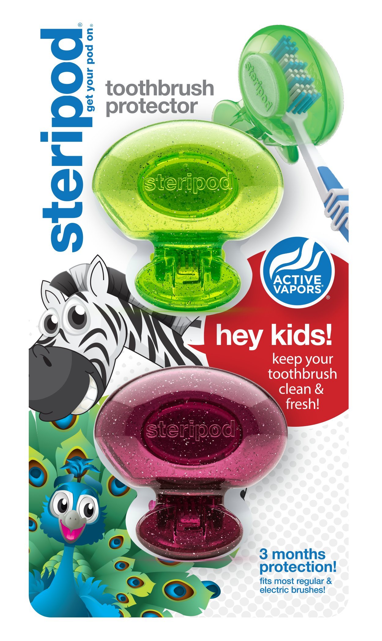 Steripod Kids Clip-On Toothbrush Protector (2-Pack Purple & Green Glitter Pods)