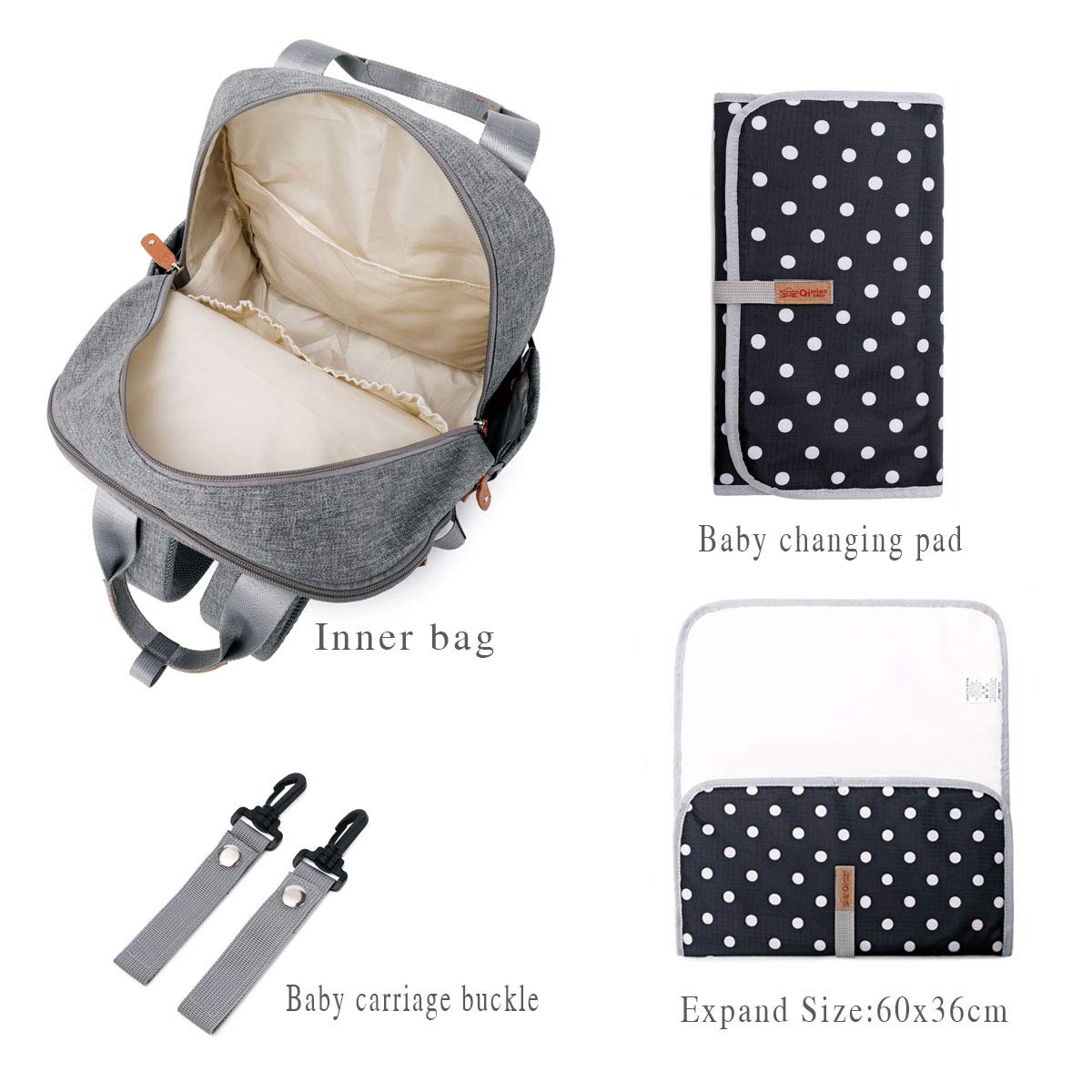QIMIAOBABY Diaper Bag Backpack, Multifunction Travel Back Pack Maternity Baby Changing Bags (Gray)