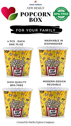 ONONEXPRESS Modern Style Reusable Plastic Popcorn Box/Popcorn Containers/Popcorn Bowls Set for Movie Theater Night - (BPA Free - YELLOW 4 Pack-75 oz)