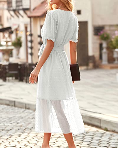 BTFBM Women 2023 Summer Boho Midi Dress Short Sleeve V Neck Swiss Dot Belted High Waist Ruffle Tiered A-Line Beach Dress(Swiss Dot White, Medium)