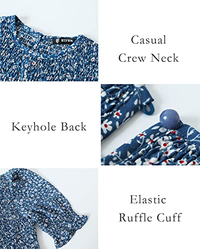BTFBM Women Casual Summer Dresses 2023 Spring Crew Neck Ruffle Short Sleeve Floral Leopard Smocked Boho Flowy Maxi Dress(Floral Blue White, Medium)