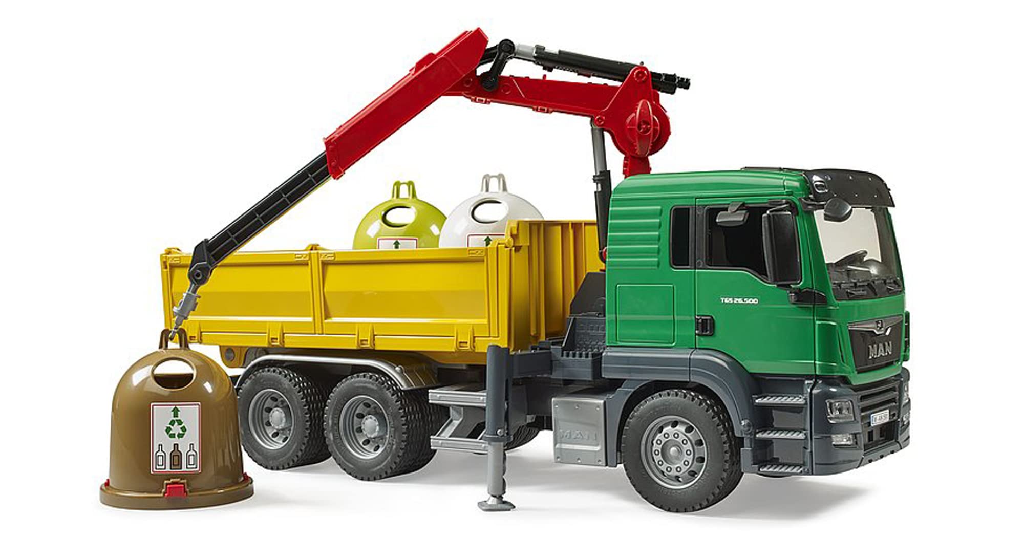 Bruder 03753 Man TGS Truck with Loading Crane, 3 Recycling Containers and Bottles