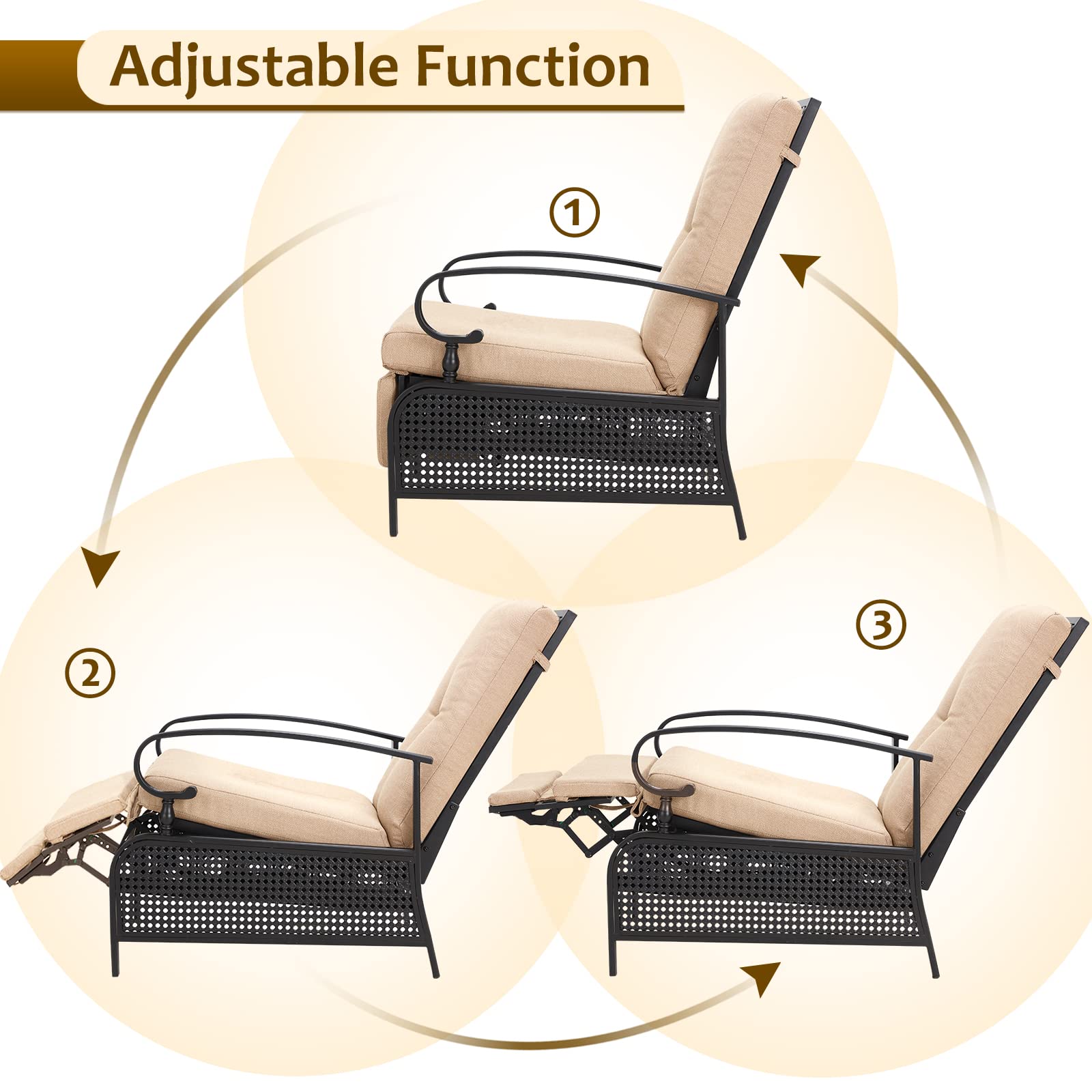 AECOJOY Outdoor Recliner Chair, Patio Outdoor Lounge Chairs with Adjustable Back, Pool Lounge Chairs with Beige Olefin Cushions (Removable)