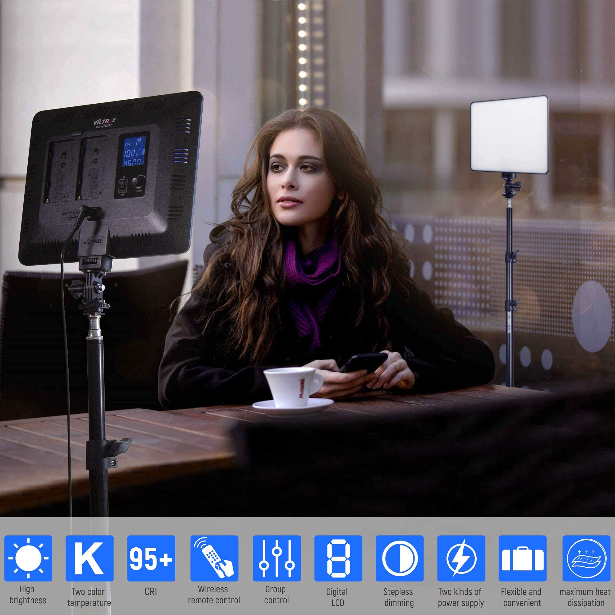 VILTROX 2 Packs LED Video Light kit with Light Stand and Wireless Remote, 30W/2450Lux Dimmable 3300K-5600K LED Panel Lights CRI 95+ for Photography Video Portrait Conference Vlog Streaming(VL-200T)