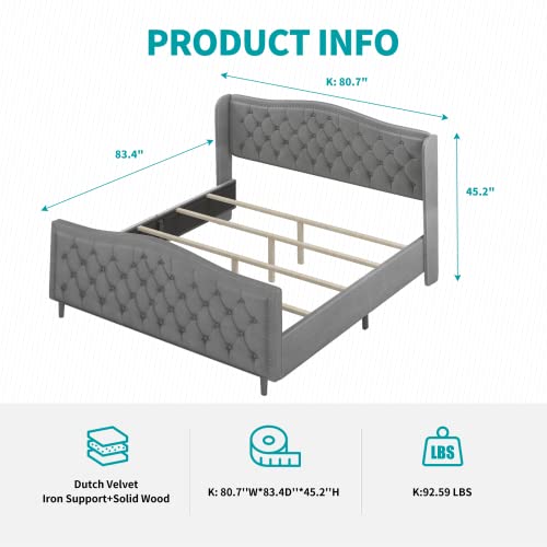 BALUS King Wingback Bed Frame with Headboard,Upholstered Platform Bed Frame Dutch Velvet Upholstered Bed,Modern Design,Available in 3 Sizes and 3 Colors Panel Bed Frame (Silver Gray)