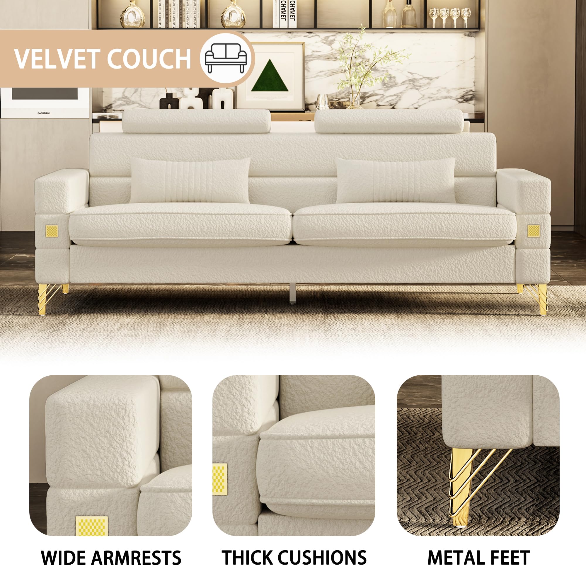 85 in 3-Seat Couch Velvet Couch, Mid Century Modern Couch Love Seats with Solid Wood Frame & 2 Same Color Pillows & Gold Couch Legs, Velvet Sofa Comfy Couch for Large Living Room Space(P17-White)