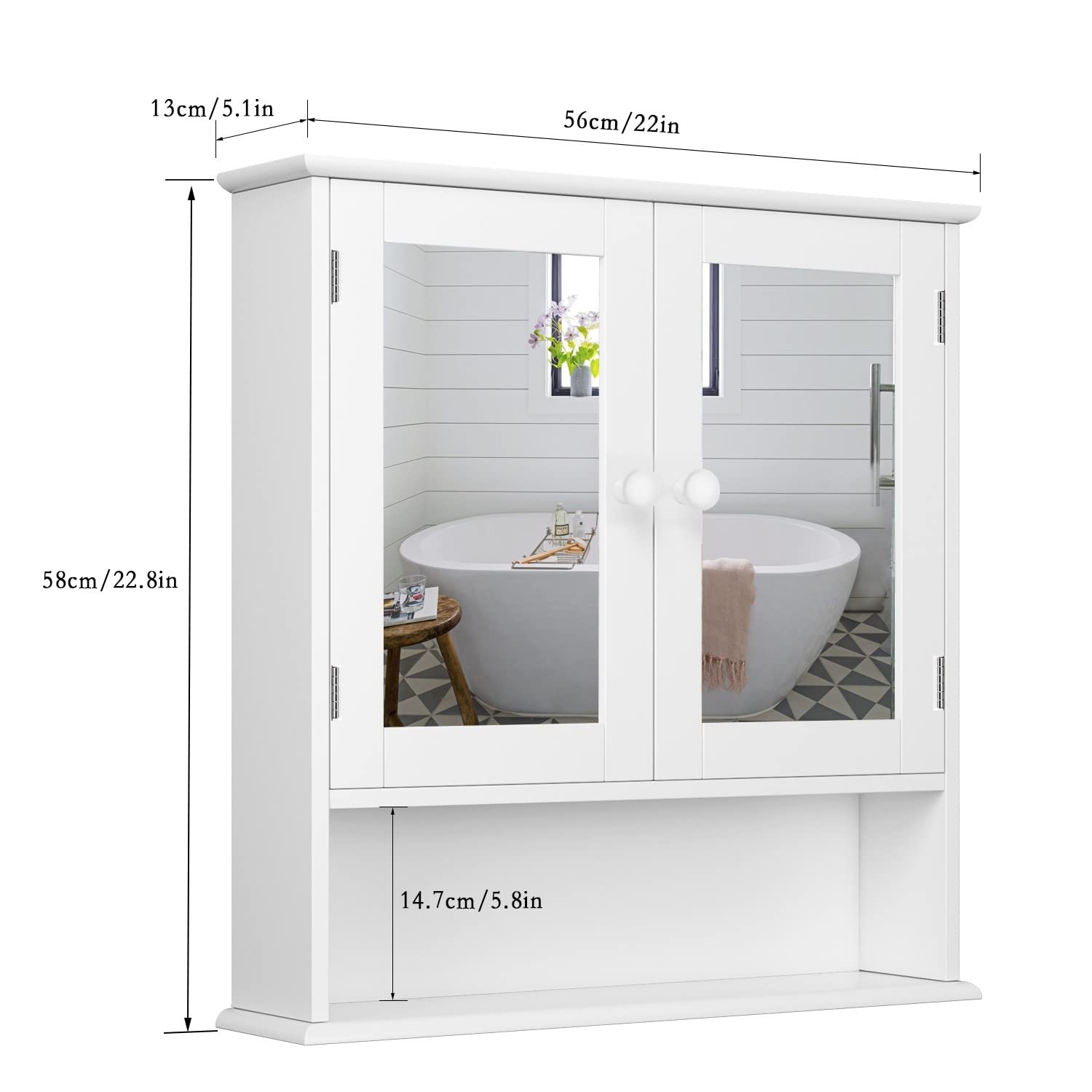 Wall Cabinet, Bathroom Medicine Cabinet with Double Mirror Doors, Wood Hanging Wall Mounted Cabinet with Adjustable Shelf, Storage Cabinet for Laundry Room, Kitchen, White Finish
