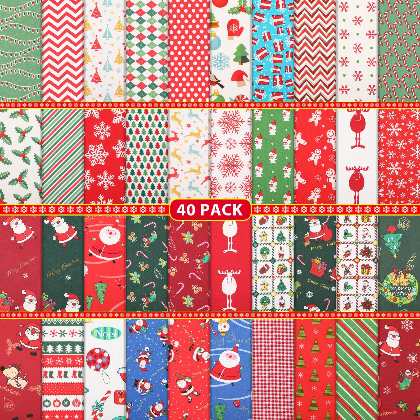 40 Pieces Christmas Fabric Quilting Fabric Squares Fat Quarters Precut Sewing Fabric Patchwork Christmas Tree Snowflake Printed Fabric Scraps for Dress Apron Crafts, 10 x 10 Inch/ 25 x 25 cm