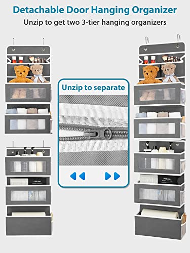 PARAKE 6-Shelf Over The Door Organizer, Flexible 1 Split into 2 Hanging Storage Door Organizer, Over The Door Storage with 5 Large Pockets, for Closet Pantry Bathroom Nursery Bedroom (Grey)