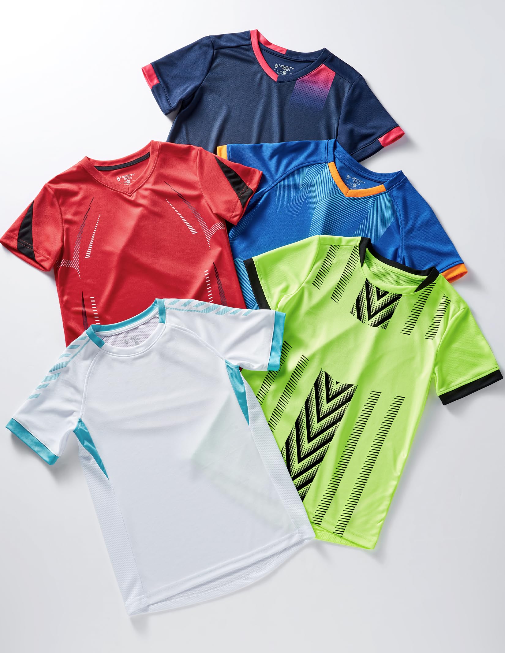 5 Pack Boys Athletic Shirts, Youth Activewear Dry Fit Tshirts for Kids, Short Sleeve Tees, Bulk Athletic Performance Clothing (Set 4, Large)