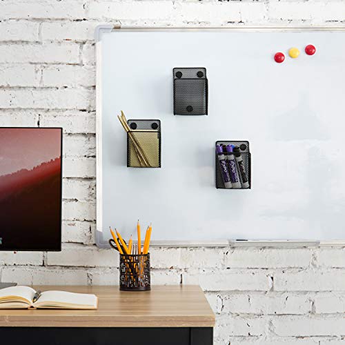 MyGift Black Metal Mesh Magnetic Office Supplies Pen Pencil and Marker Holder, Whiteboard Accesories Storage Basket, School Locker Organizer Accessory Pencil Cup, Set of 3