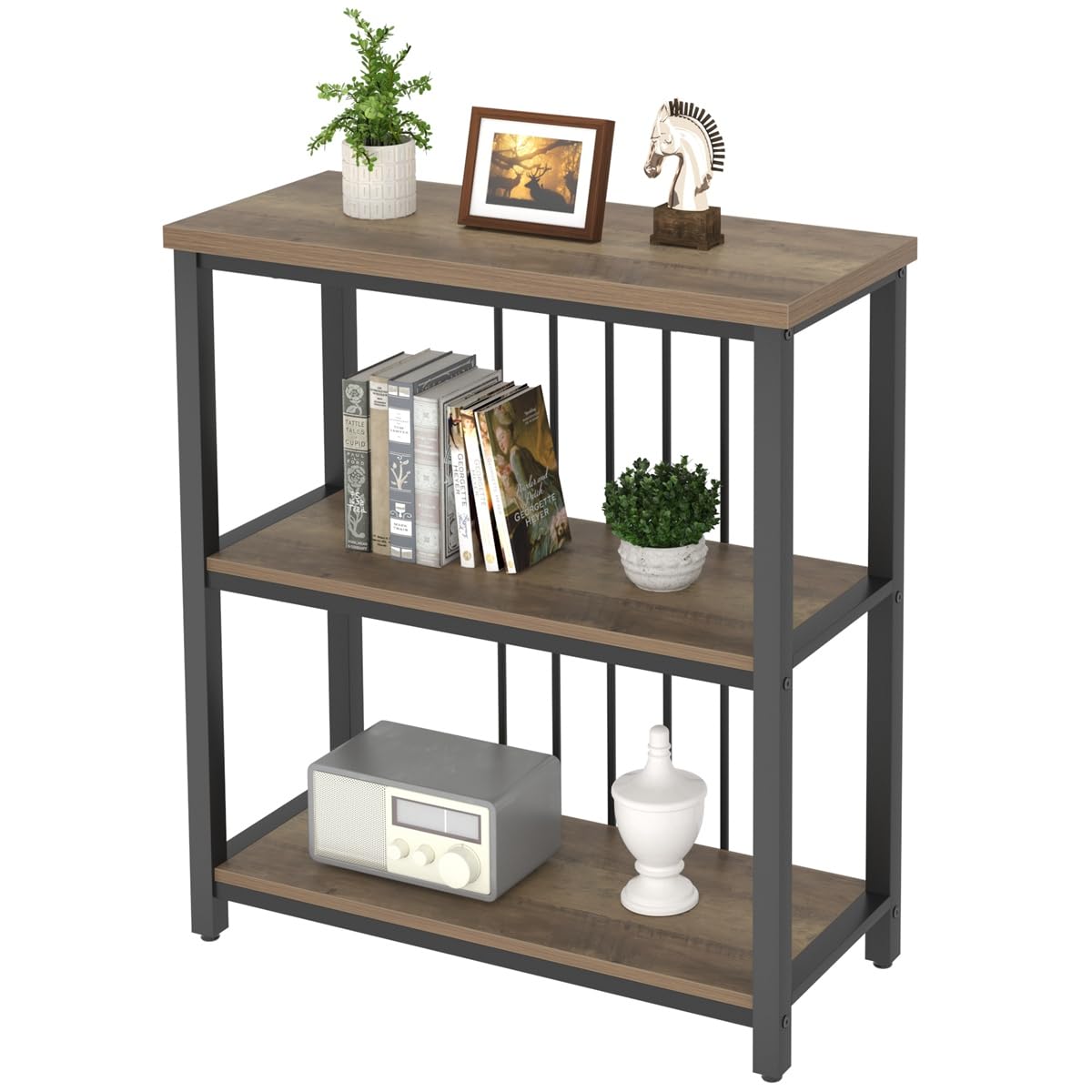 FOLUBAN Small Bookshelf and Bookcase, 3 Tier Open Book Shelf, Modern Metal and Wood Shelving Unit for Living Room Bedroom, Oak