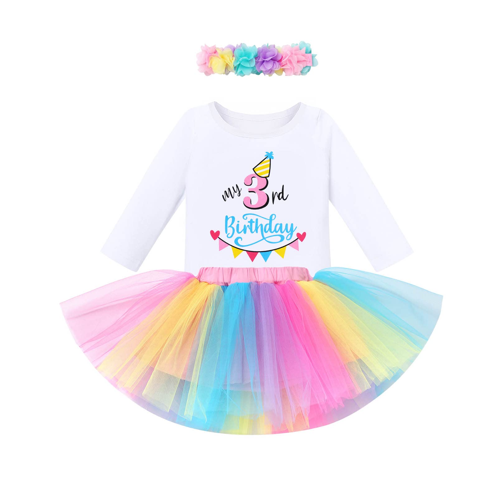 3rd Birthday Girl Outfit Baby Girls Long Sleeve Romper Shirt + Rainbow Tutu Skirt + Headband Winter Fall Dress Clothes Set for 3 Year Old Girl Cake Smash Rainbow - 3rd Birthday (Long Sleeve) 3 Years