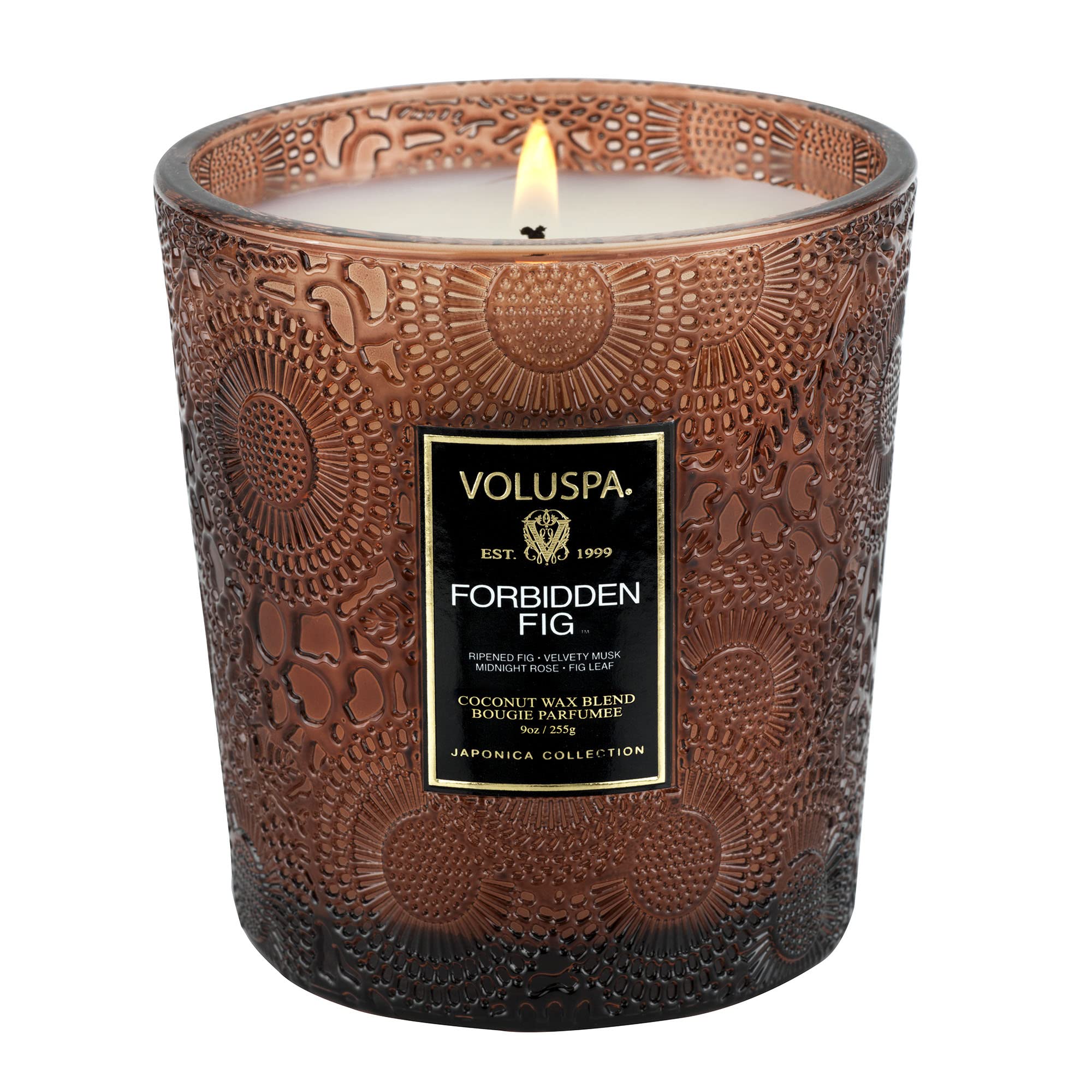 Voluspa Forbidden Fig, Classic Boxed Candle, 9 oz, 60 Hour Burn Time, All Natural Wicks and Coconut Wax for Clean Burning, Vegan, Poured in The USA