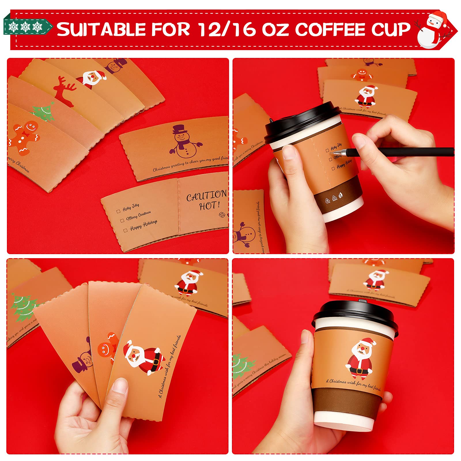 40 Pieces Christmas Coffee Cup Tea Cup Sleeves Christmas Kraft Disposable Cup Sleeves 5 Designs for Corrugated Cup Paper Jacket for Hot Chocolate Cocoa Cold Beverage