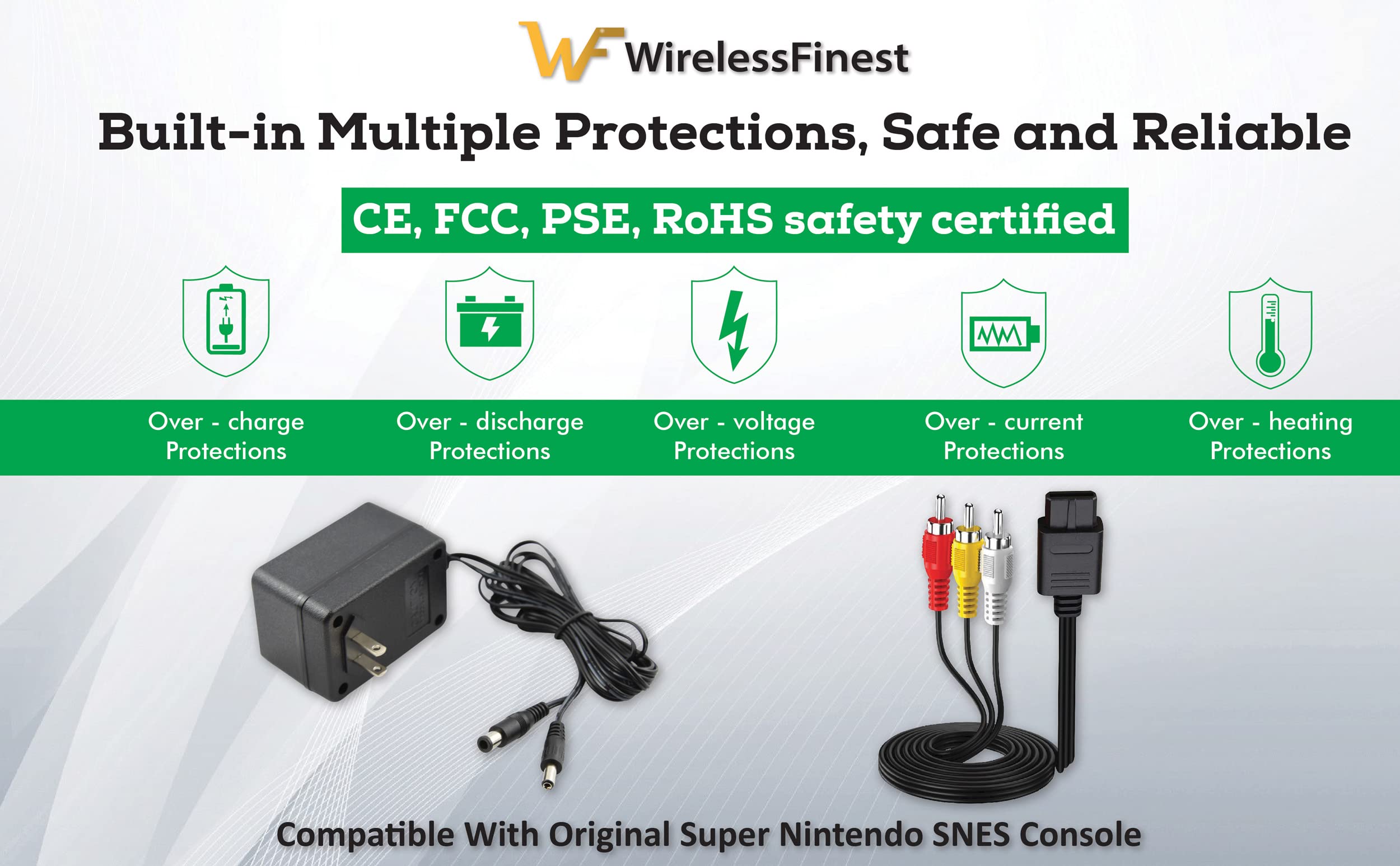 AC Power Supply + Audio Video RCA AV Cable Adapter Cord To External TV Screen Monitor For Super Nintendo SNES Nes Genesis 1 Systems Game Console Bundle Set