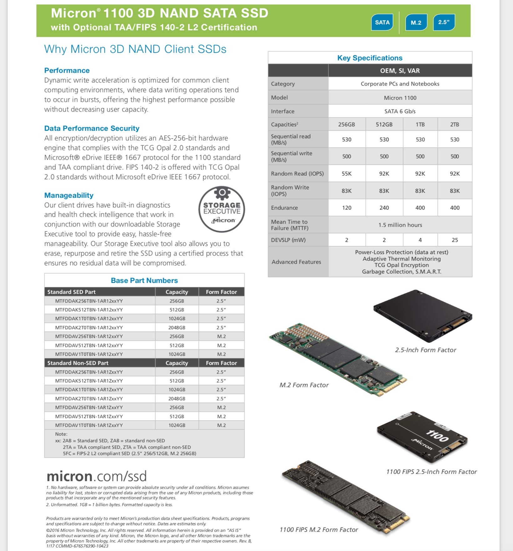 New - Micron SSD 512GB M.2 2280 SATA 6GB/s 1100 Series MTFDDAV512TBN 3D TLC NAND for Samsung Dell HP Evo Lenovo Pro Asus Acer and Other Systems