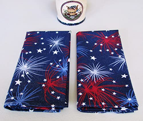 Fireworks & Stars Patriotic Cloth Napkins (Set of 2) Made in USA Patriotic Cotton Navy Blue/Red/White Glitter
