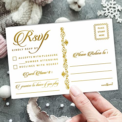 PARTH iMPEX RSVP Postcards for Wedding - (Pack of 50) Gold Foil Stamping with Mailing Side 4"x6" Response Cards All Occasion Mailable - White