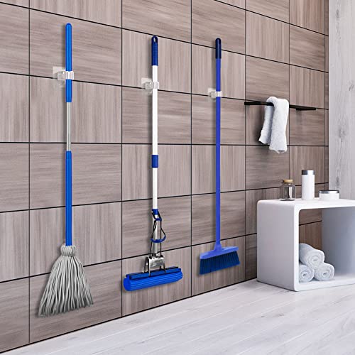 PTYWRTUS Broom Holder, Non Drilling Hole Self-Adhesive Storage Rack Hanger, Anti-Slip Utility Hooks,Mop Holder Wall Mount for Home, Bathroom, Garden, Kitchen, Garage(6Pack) (Transparent+White)