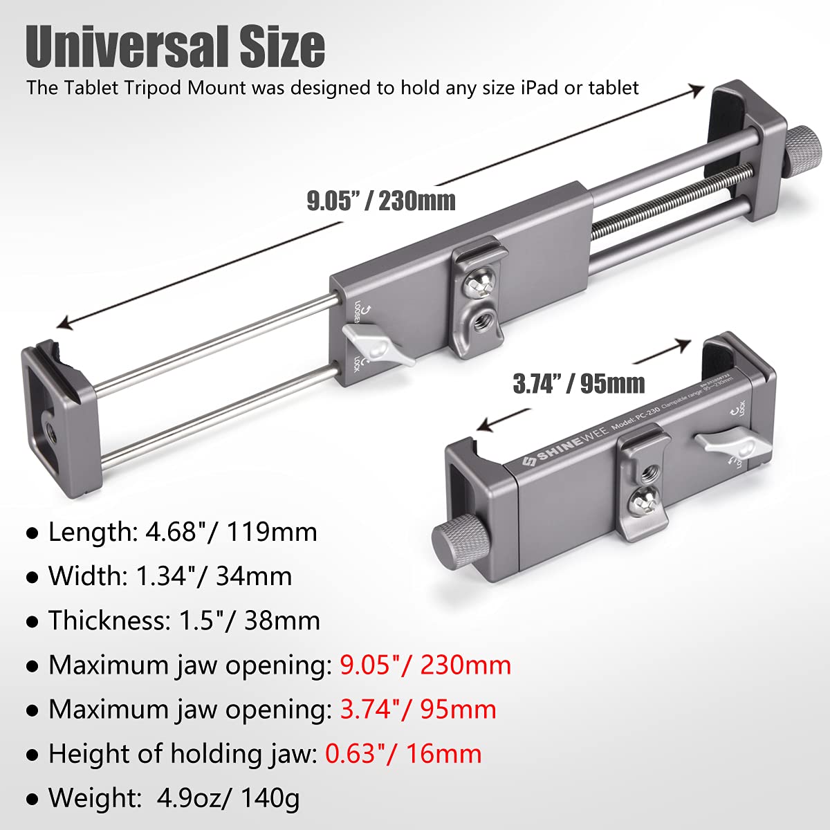 SHINEWEE Metal iPad Holder for Tripod Mount, 1/4" Screw, Acra/RRS Rail Plate Mounts, Fits iPad 1 2 3 4 5 Mini Air Pro,Universal Tablet iPad Clamp Holder Tripod Adapter