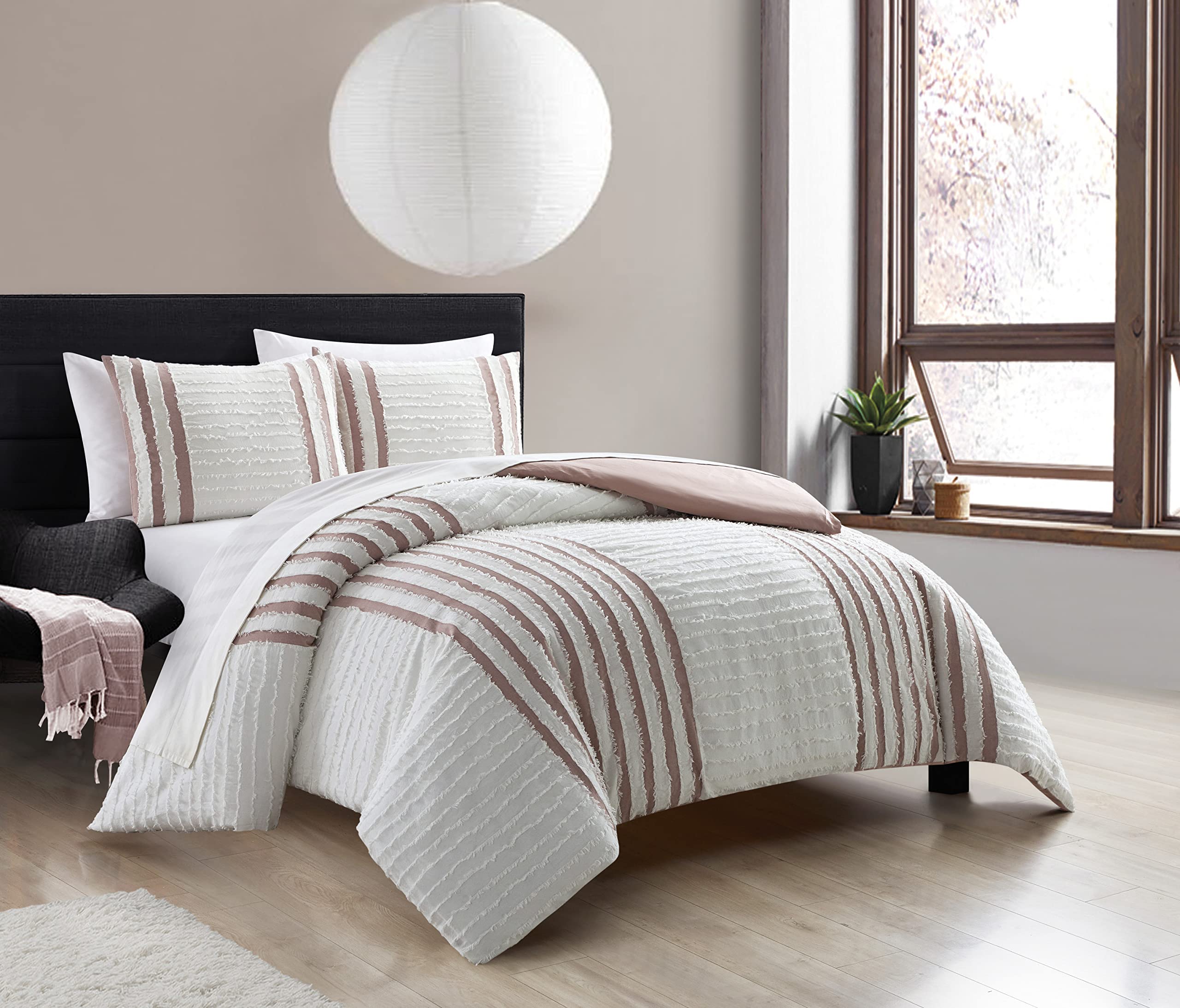 Chic Home Salma 3 Piece Cotton Duvet Cover Set Clip Jacquard Striped Pattern Design Bedding - Decorative Pillow Shams Included, Queen, Blush