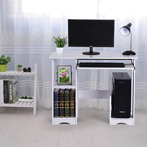 OKBOP Desktop Home Computer Desk with Storage Shelves Keyboard Tray, Modern Writing Desk Wood Student Study Table Notebook Workstation, White Small Office Desk (White)