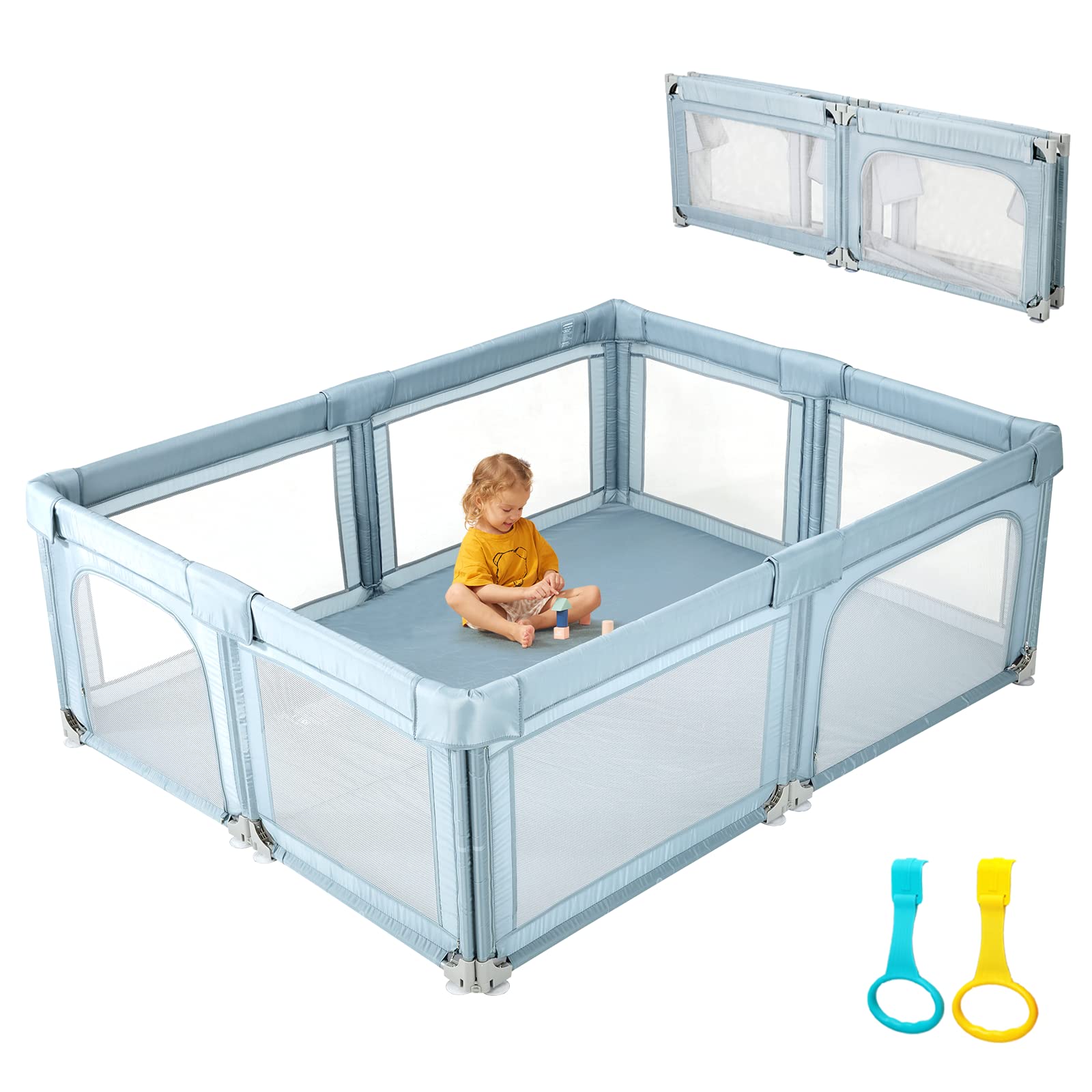 Baby Playpen,Foldable Playpen for Babies and Toddlers,Baby Play Pen with Zipper Door,Baby Play Yards Center,79"x59"Baby Fence(Light Blue)