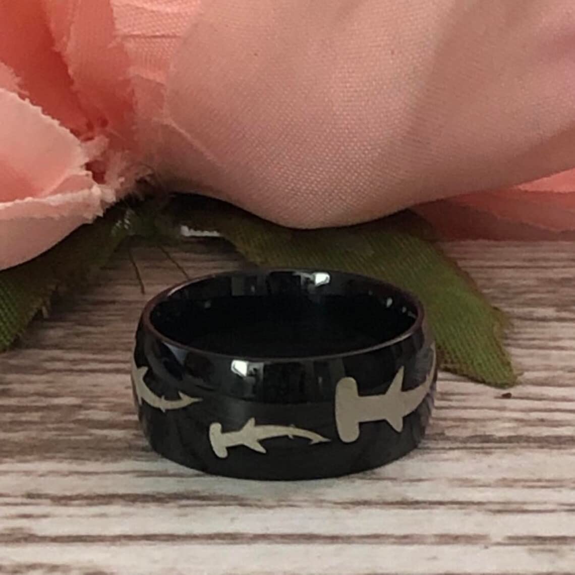 8mm Black Plated Stainless Steel Ring with Engraved Hammerhead Shark Design (7)