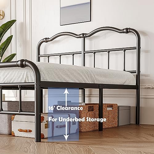 Breezehome 18in Twin Bed Frame with Vintage Headboard and Footboard, Heavy Duty Metal Platform Bed Frame, No Box Spring Needed, Noise Free, Easy Assembly, Black