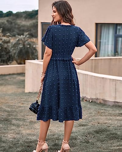 BTFBM Women's Summer Elegant Short Sleeve V Neck Swiss Dot Midi Dresses Cute Boho High Waist Long Dresses A-Line Ruffle Dress(Solid Navy,Large