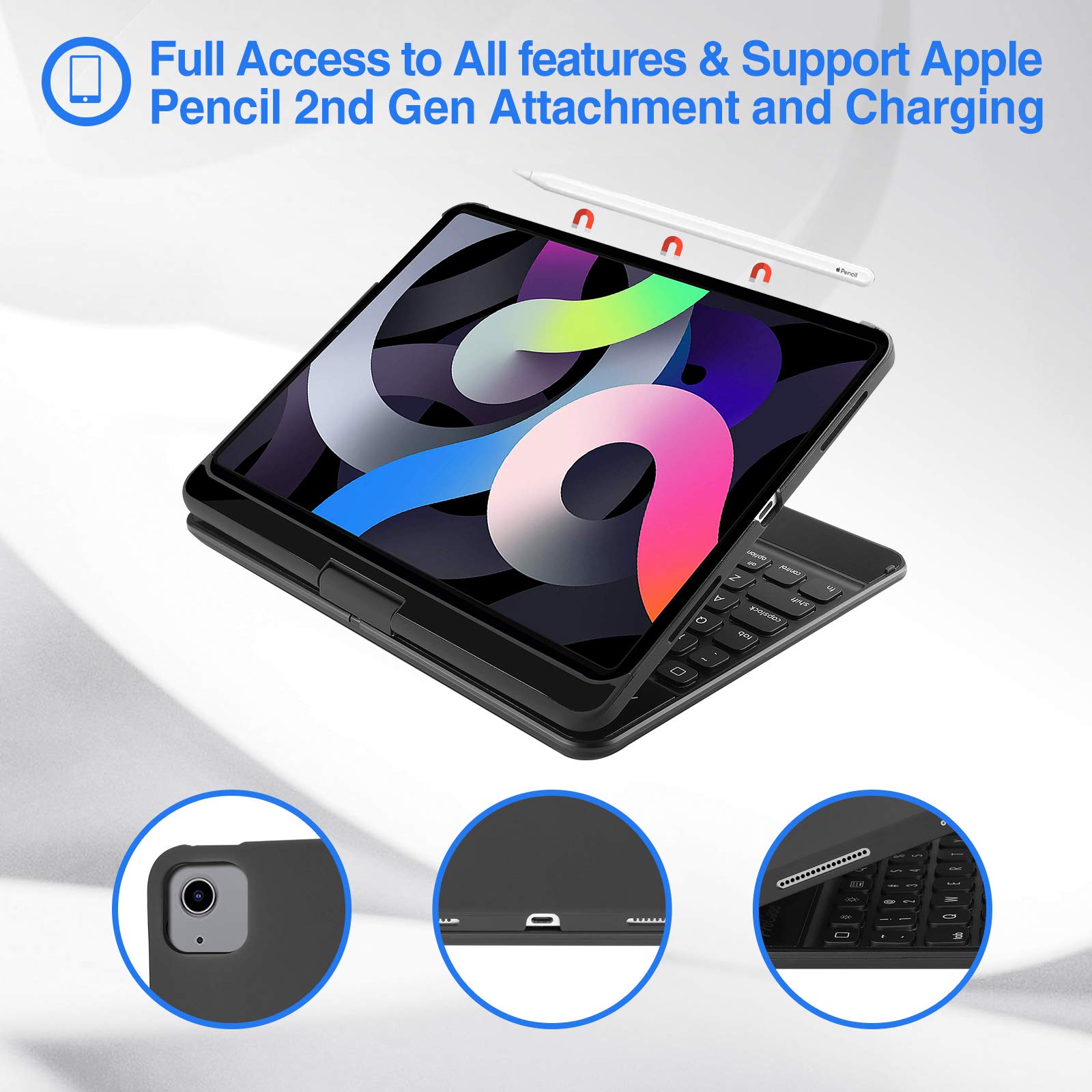 ProCase Keyboard Case for iPad Air 6th 11 inch 2024/Air 5th/4th 10.9" 2022 2020/ iPad Pro 11" 2022 2021 2020 2018, 360 Degree Rotation Wireless Keyboard with 7 Colors Backlit, Auto Sleep/Wake -Black
