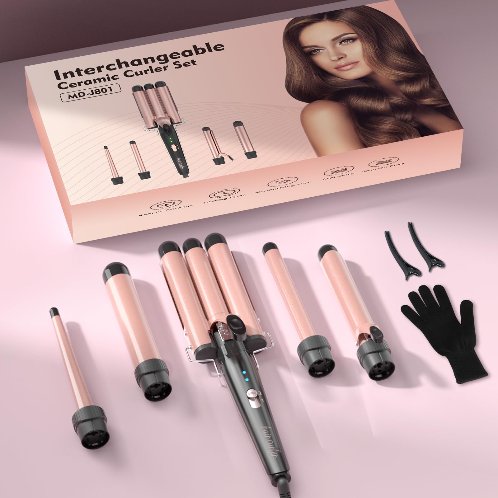 5 in 1 Curling Wand Set with 3 Barrel Crimper, 5 Interchangeable Ceramic Barrels, Instant Heat Up, Adjustable Temperature & Heat Protective Glove for All Hair Types