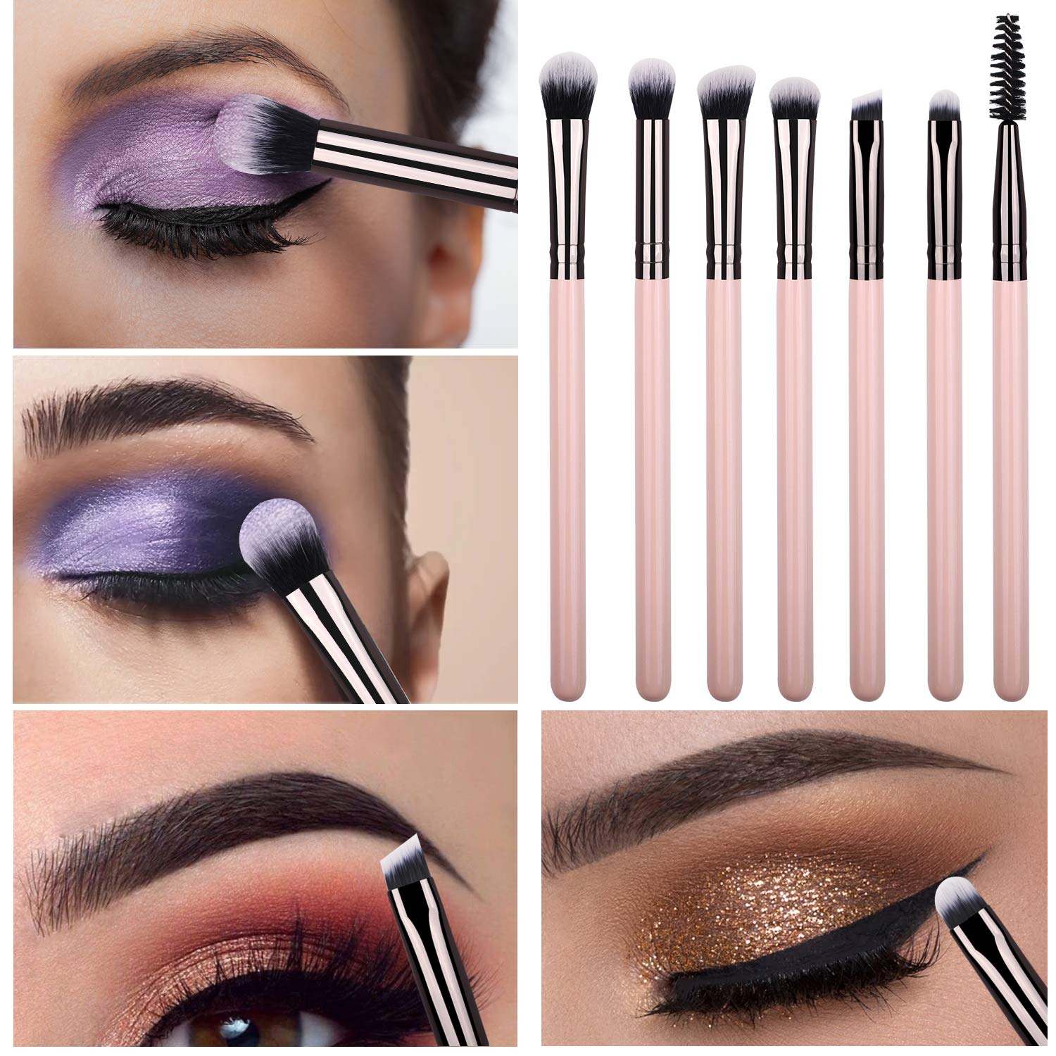7pcs Eye Makeup Brushes Essential Pink Eyeshadow Makeup Brush Set for Eyes Blending Crease Shader Detailer Definer Eyelash Brush Make Up Brush Kit