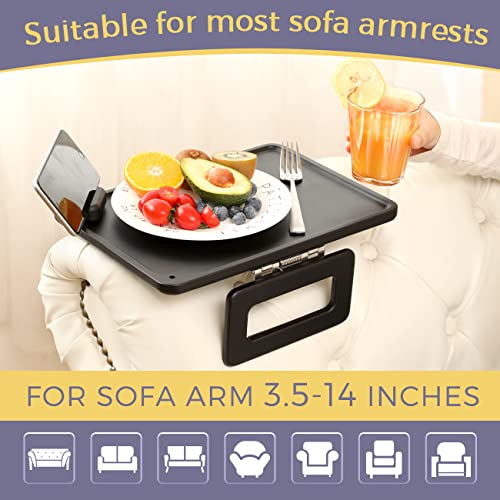 Bamboo Sofa Arm Tray Table Clip for Couches Arm, Multi-Function Side Couch Arm Tray with 360° Rotating Phone Holder, Suitable for Home Drinks/Remote/Snacks/Fast Food Et (Black)