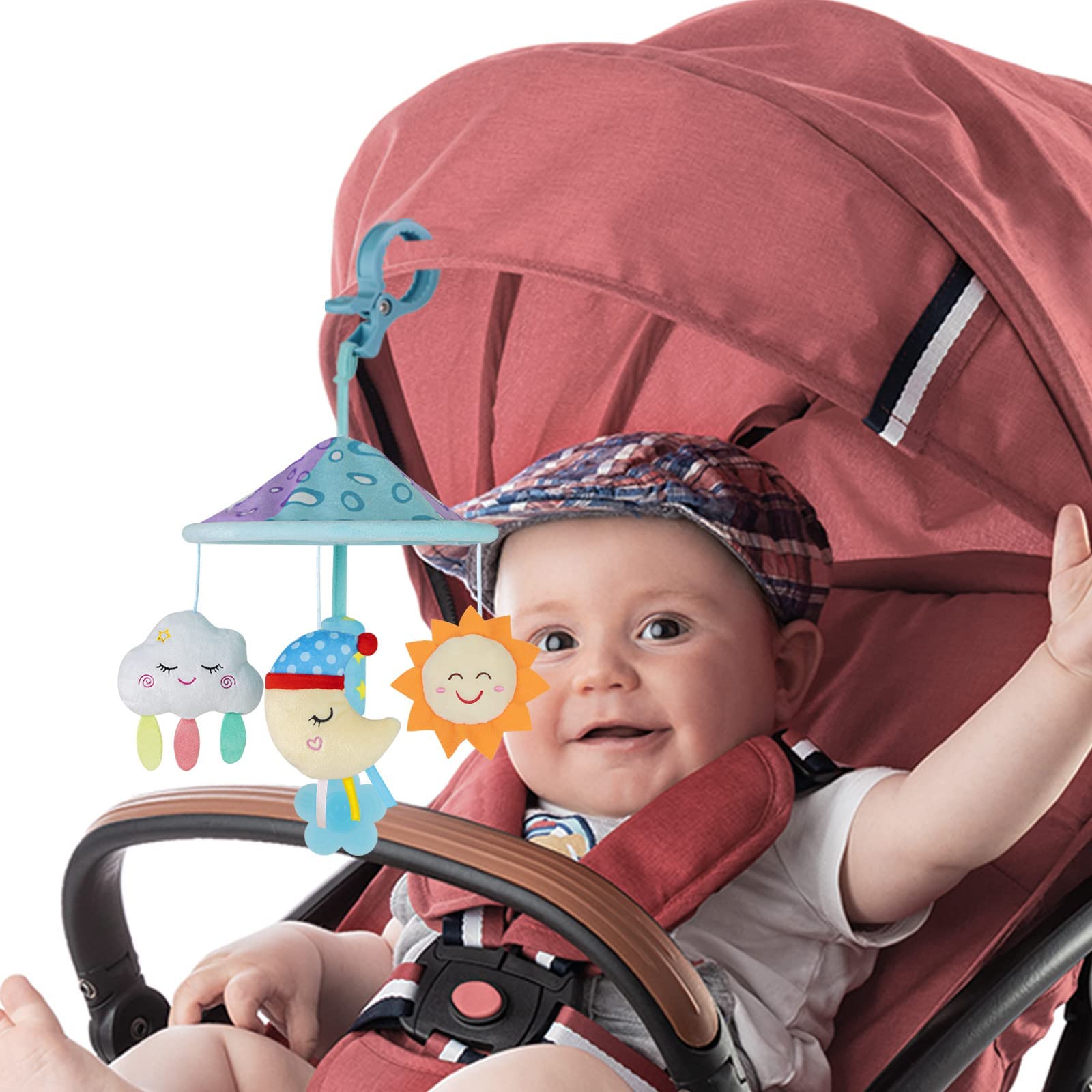 Baby pram Mobile Toys, Car roof Handle Toys with Soft Rattle for 0 Months+ (Sky)