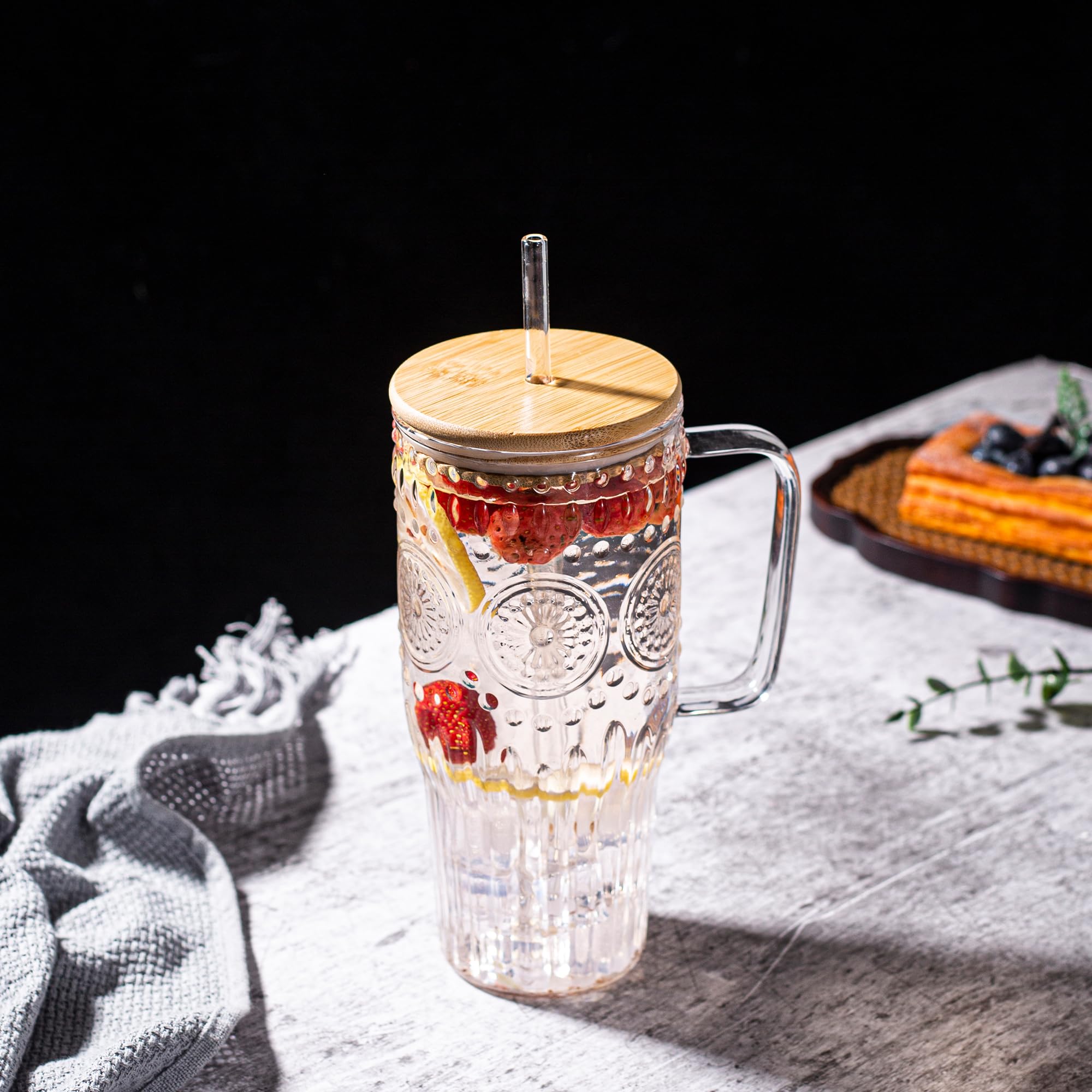 Bandesun 32oz Vintage Glass Cup with Handle with Bamboo Lids and Straws - Borosilicate Glass Tumbler for Hot and Cold drinks