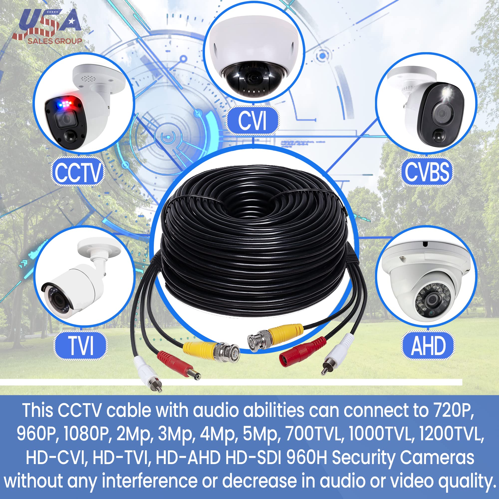 USA Sales Group 100ft HD Audio Video Power Security Camera Cable Copper for CCTV DVR Surveillance System, Wire RCA Cord Extension- Gift BNC Connectors- 30 m 3-in-1 Pre-Made All-in-One
