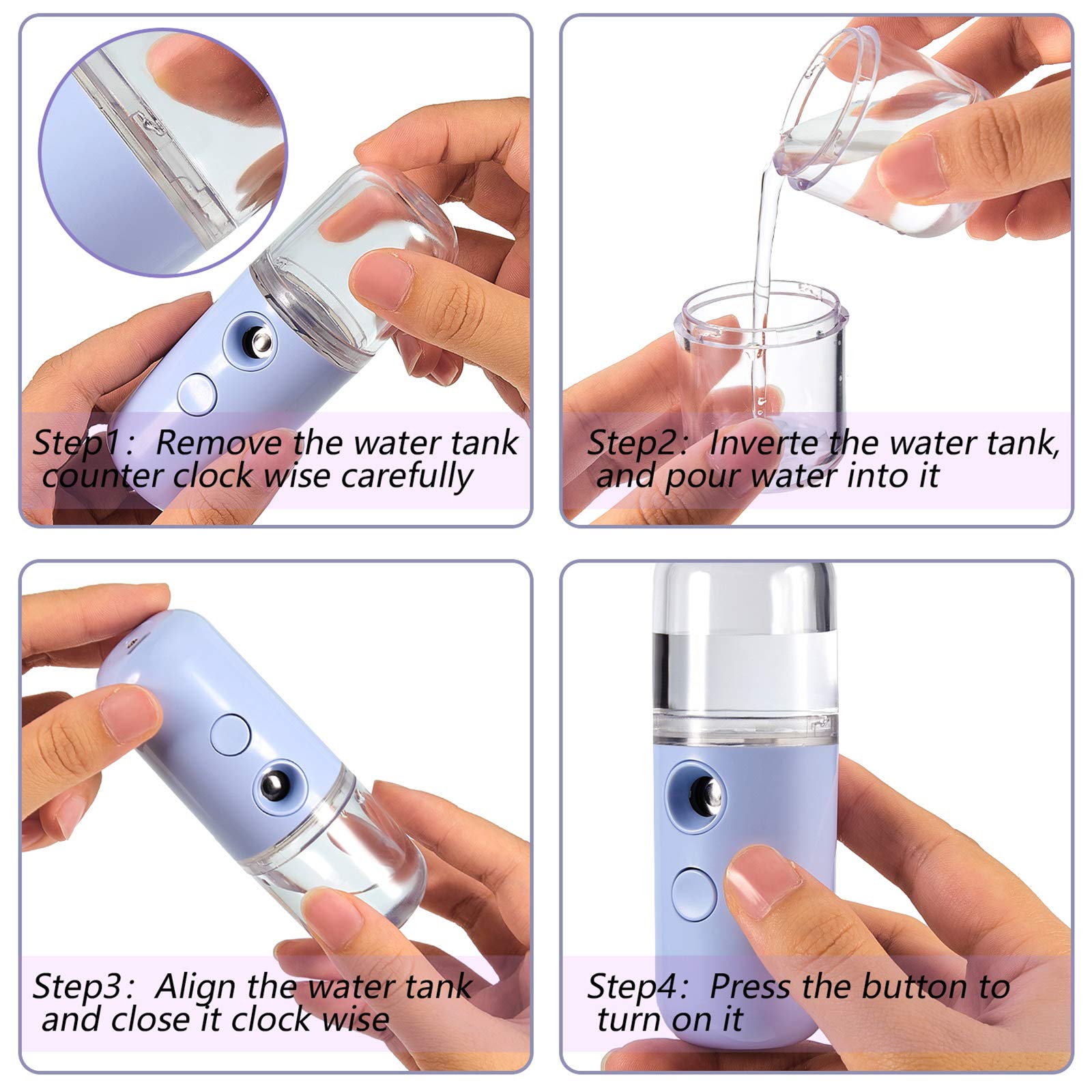 Mudder 4 Pcs Nano Facial Mister Handy Nano Mist Sprayer 30ml Visual Water Tank Portable Face Steamer Mini USB Mister for Lash Extensions, Skin Care, Makeup(White, Light Pink, Blue, Pink)