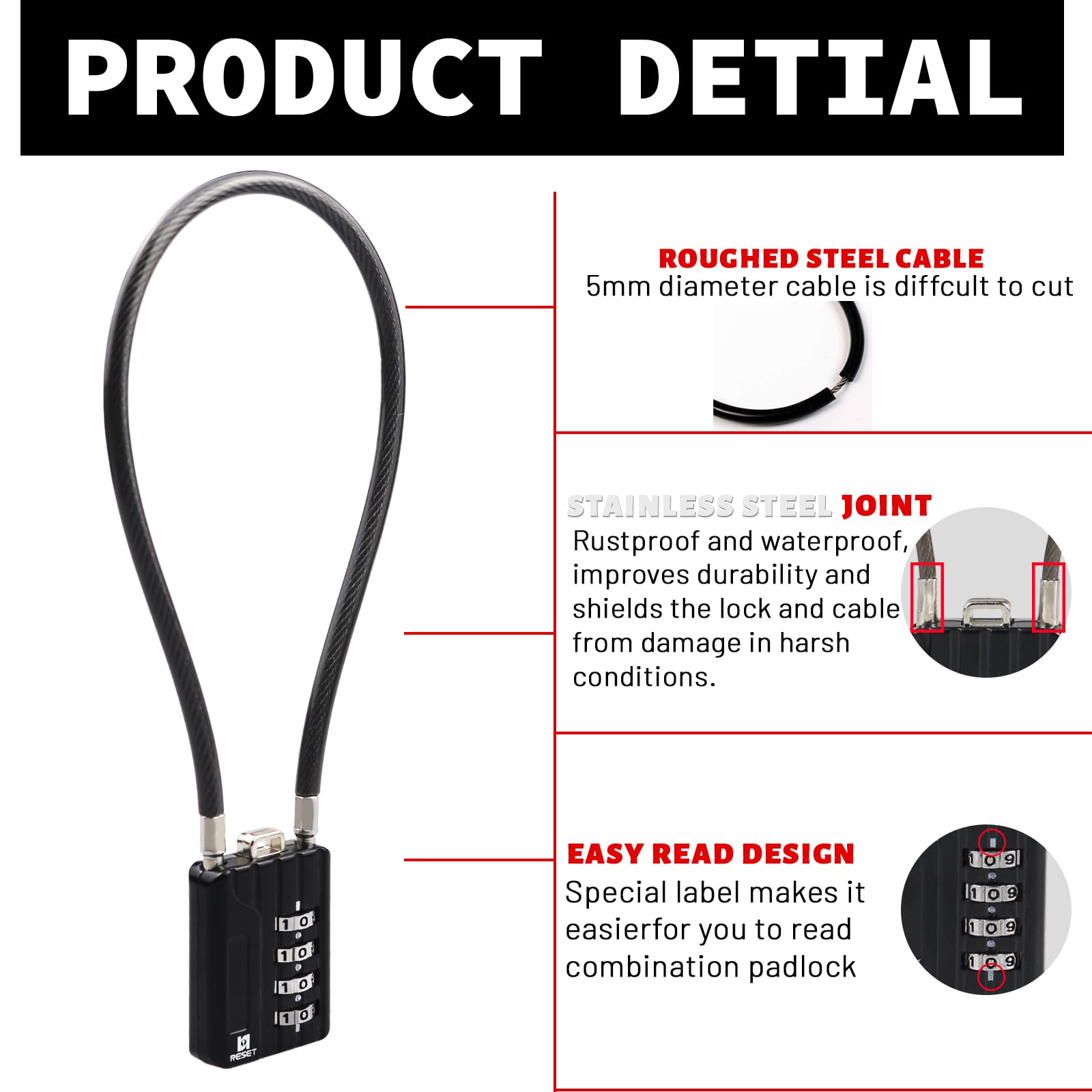 RESET-201 (2 Pack) 4 Digit Combination Padlock with 12 inch (30cm) Steel Cable,Cable Lock for Trash Can, Locker, Gym Locker, Luggage, Suitcase, Gun Case, Trigger,Helmet, 5mm Diameter, Black