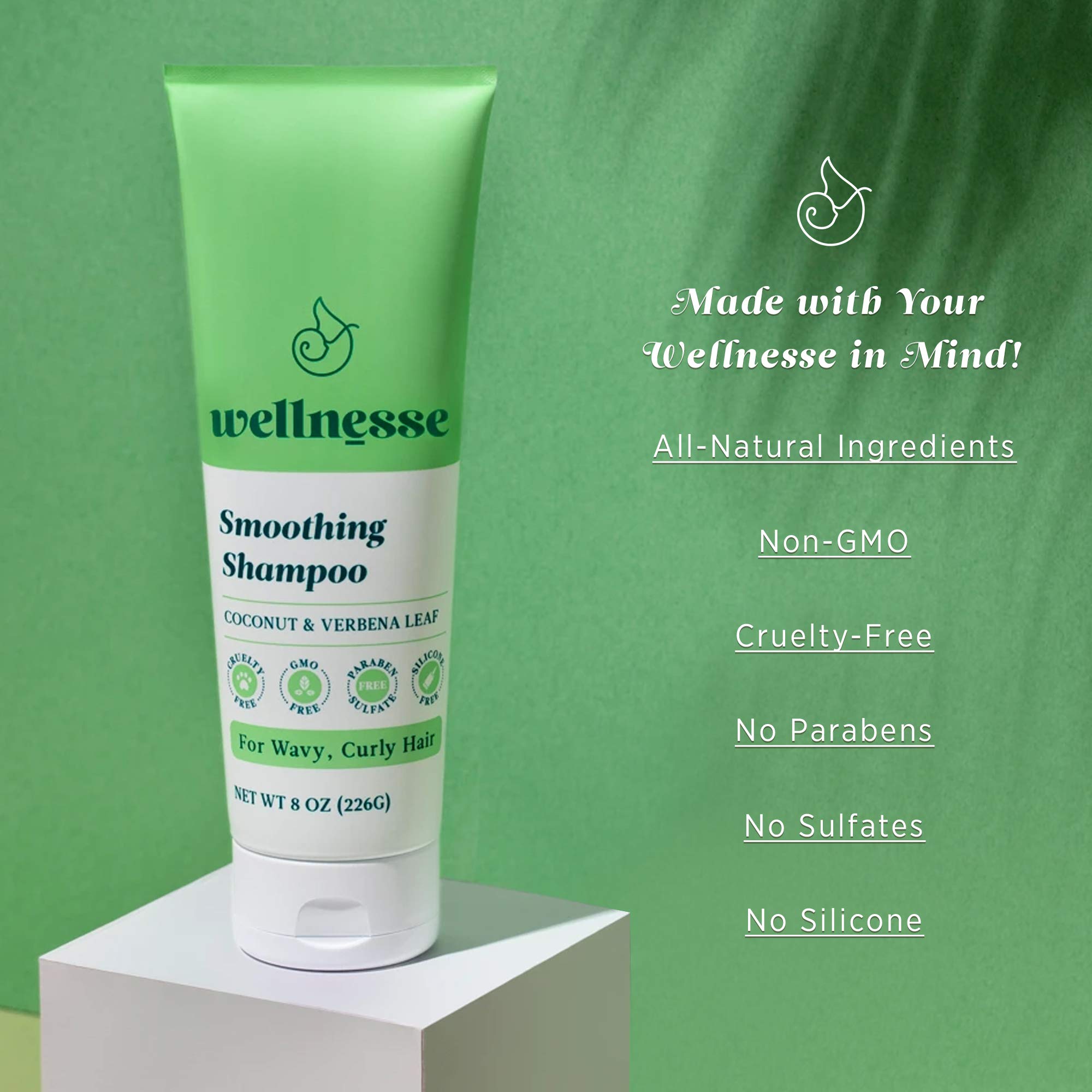 Wellnesse: Smoothing Shampoo - For Wavy, Curly Hair - 8 oz - Coconut and Verbena Leaf - Moisturizing, Curl Active Formula - Cruelty-Free, Non-GMO, No Parabens, Sulfates, Silicone