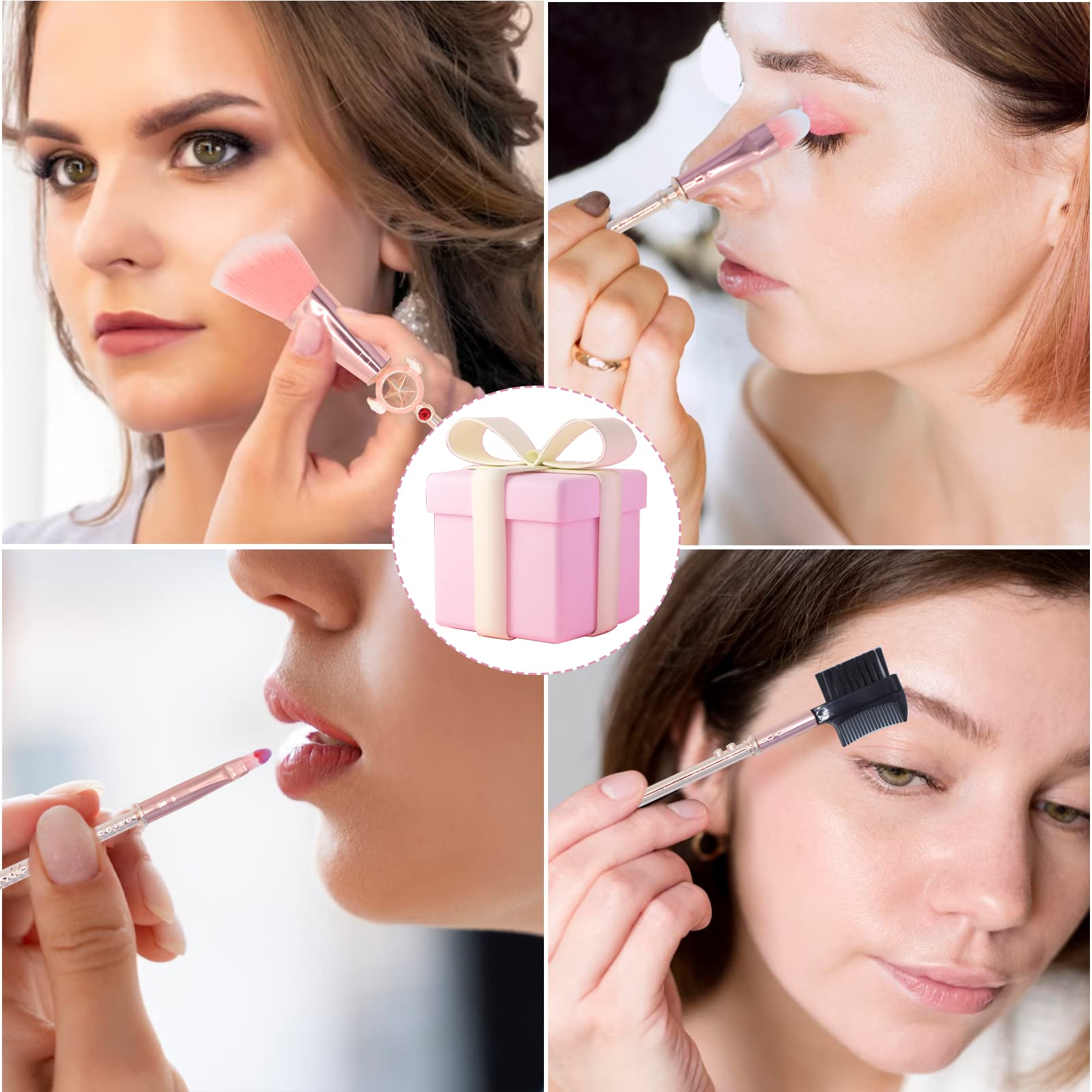 8Pcs Cardcapto Sakor Makeup Brushes Set, Rose Gold Anime Series Cosmetic Makeup Tool Kit Set with Pink Drawstring Bag