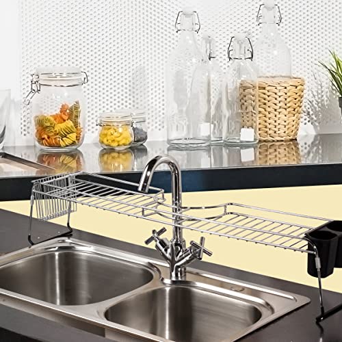 Home Basics Over Sink Shelf, (Chrome) Steel Over The Kitchen Sink Organizer for Soap, Sponges, Scrubbers, and More | with Cutlery Holder