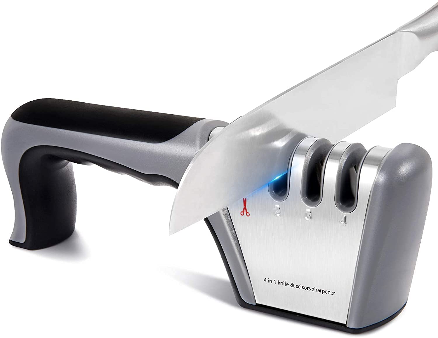 4 IN 1 Knife Sharpener, 4-Stage Knife Sharpening Tool Multifunctional Kitchen Knife Scissor Sharpener with the Diamond, Ceramic, and Tungsten Steel Rod