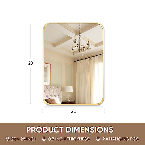 Antok Rounded Bathroom Mirror, 20" x 28" Rectangular Wall Mirror, Aluminum Alloy Frame Contemporary Hanging Mirror for Living Room Bedroom Bathroom Entryway, Gold