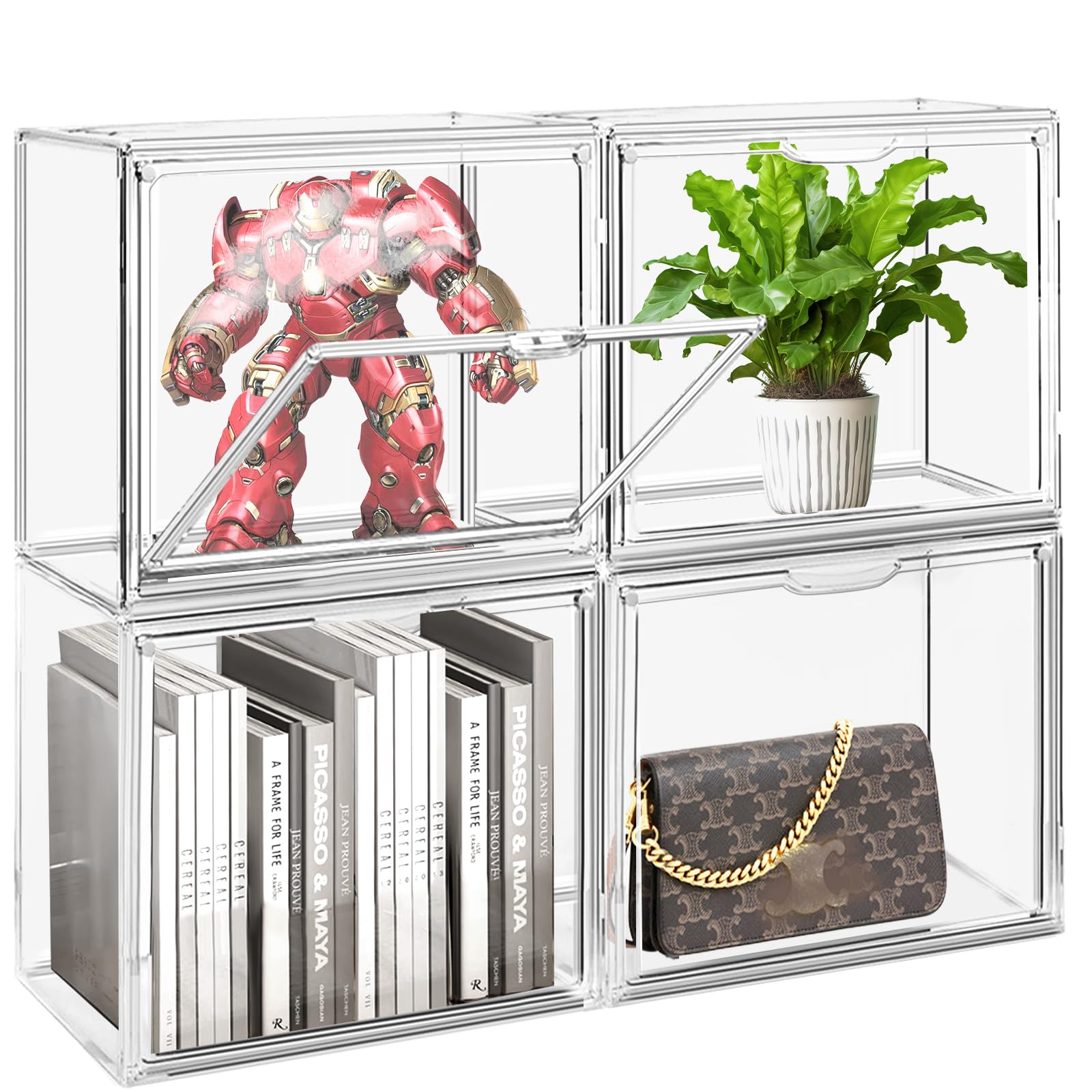 4Pack Clear Stackable Plastic Storage Bins with Magnetic Attraction Lid, Dustproof Book & Cosmetic Display Cases, Large Figures Collectibles Showcase, Shoe Box, Bag Organizer